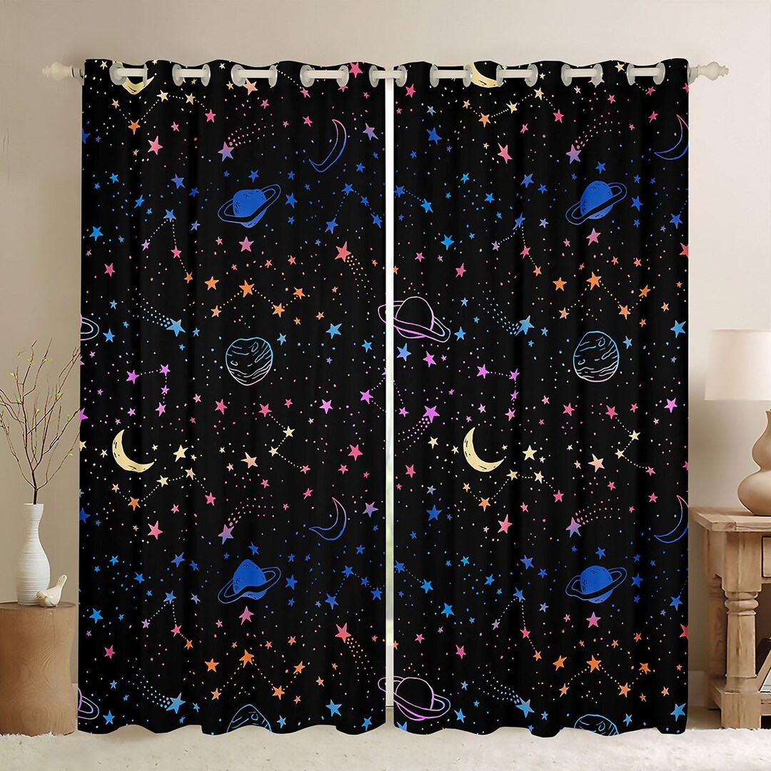 Starry Moon Night Window Curtains, Colorful Stars Planets Constellation ...