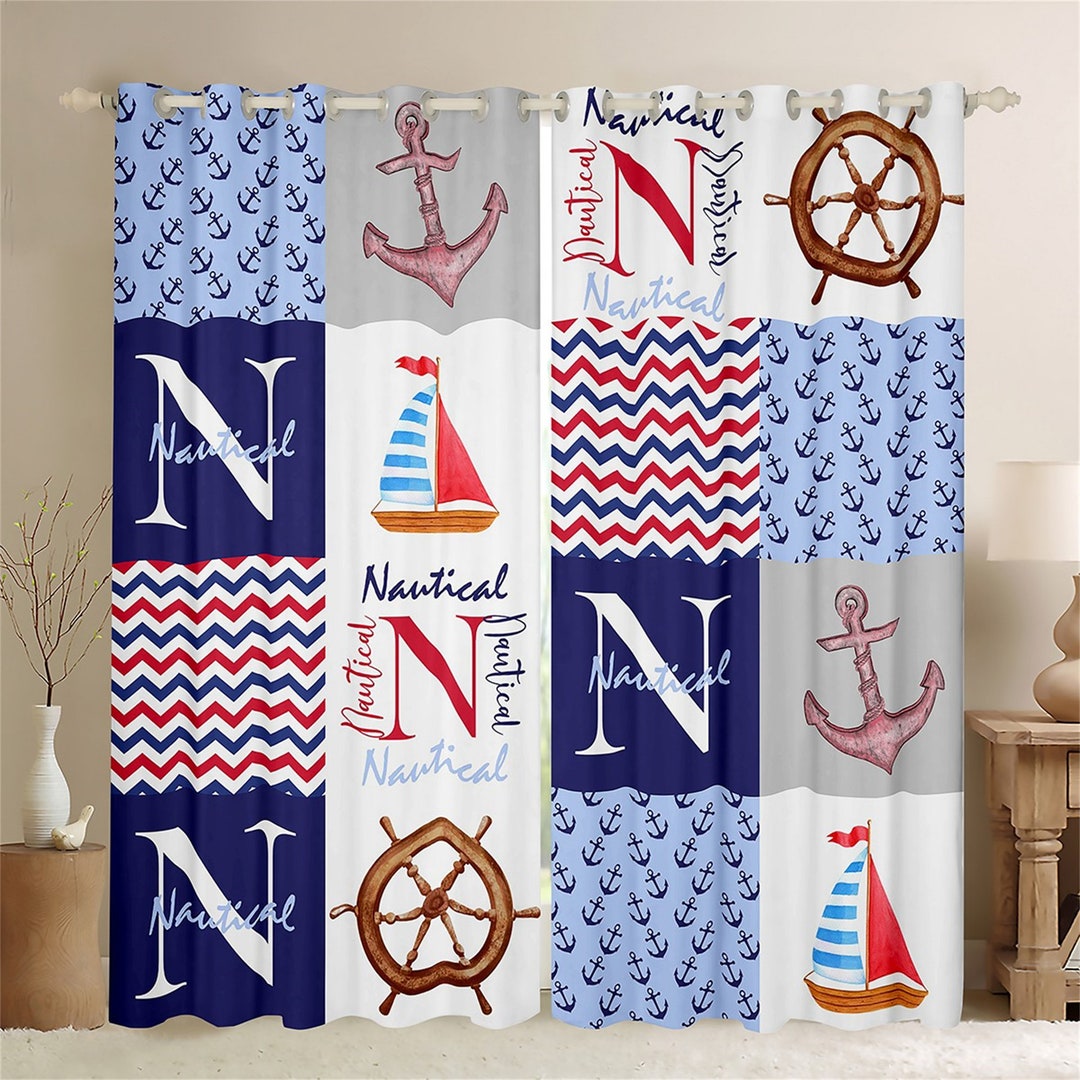 Ocean Navigation Window Curtains, Nautical Anchor Rudder Sailboat ...