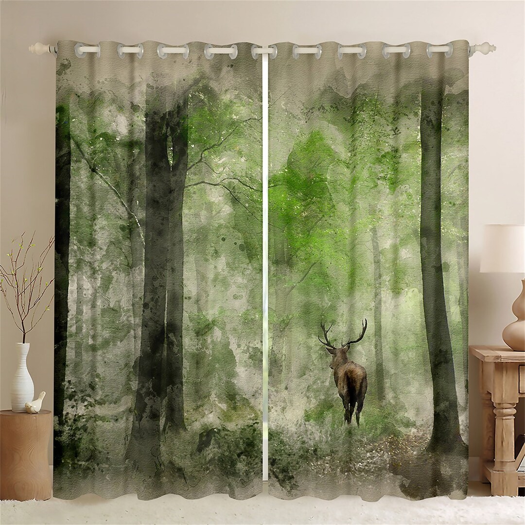Wild Deer Hunting Window Curtain Set, Jungle Botanical Tree Plant ...