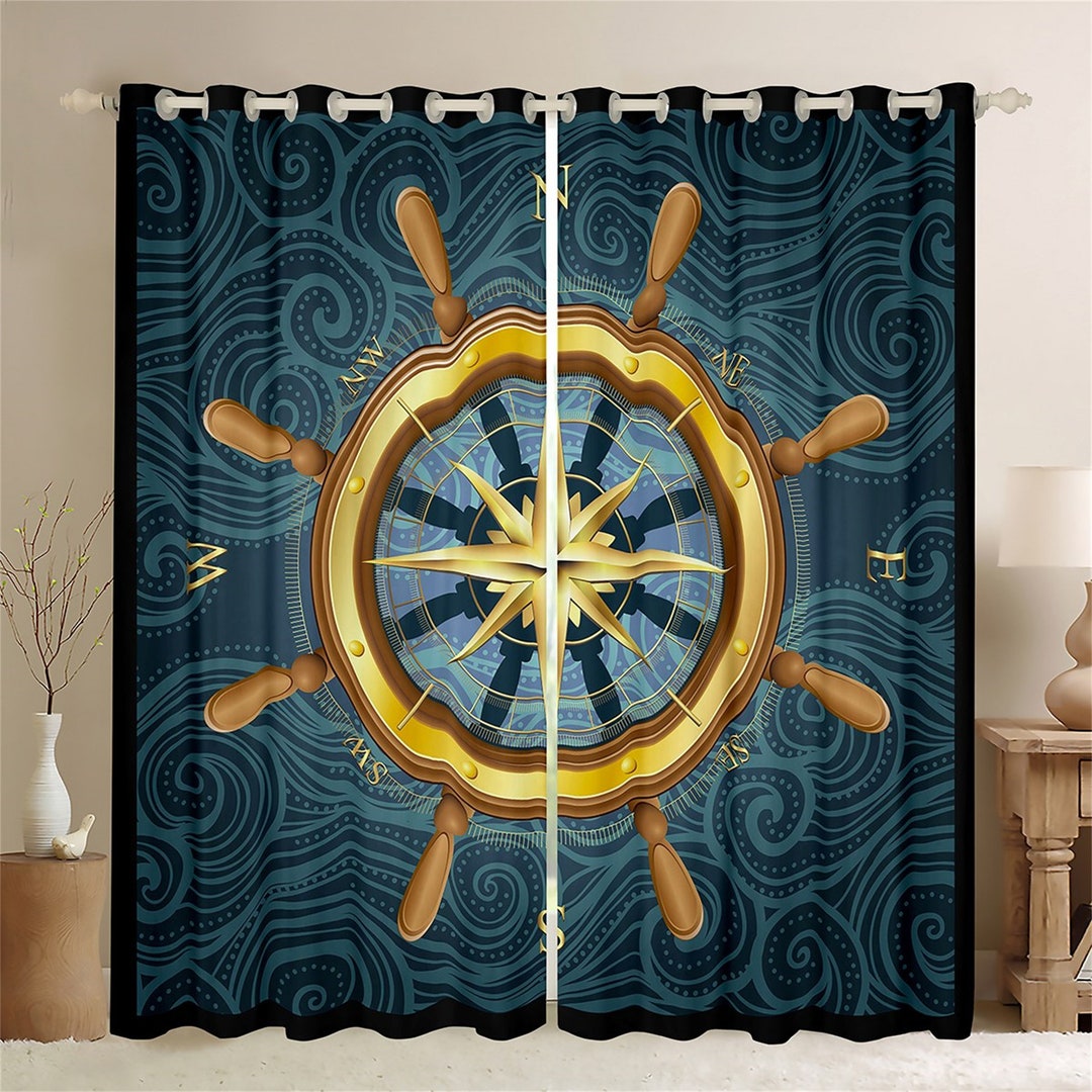 Nautical Rudder Window Curtains, Navigation Ocean Adventure Golden ...