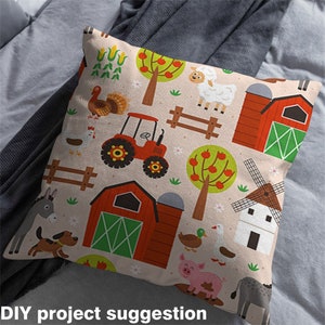 Cartoon Farm Fabric by the Yard, Rustic Farmhouse Excavator Graffiti ...