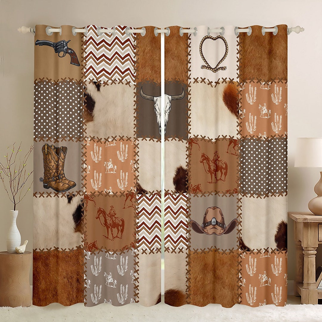 Retro Cowboy Window Curtain Set Western Tribal Boots Hats - Etsy
