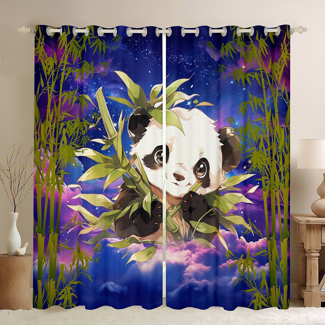 Cartoon Cute Panda Window Curtain Set, Nature Animal Botanical Bamboo ...