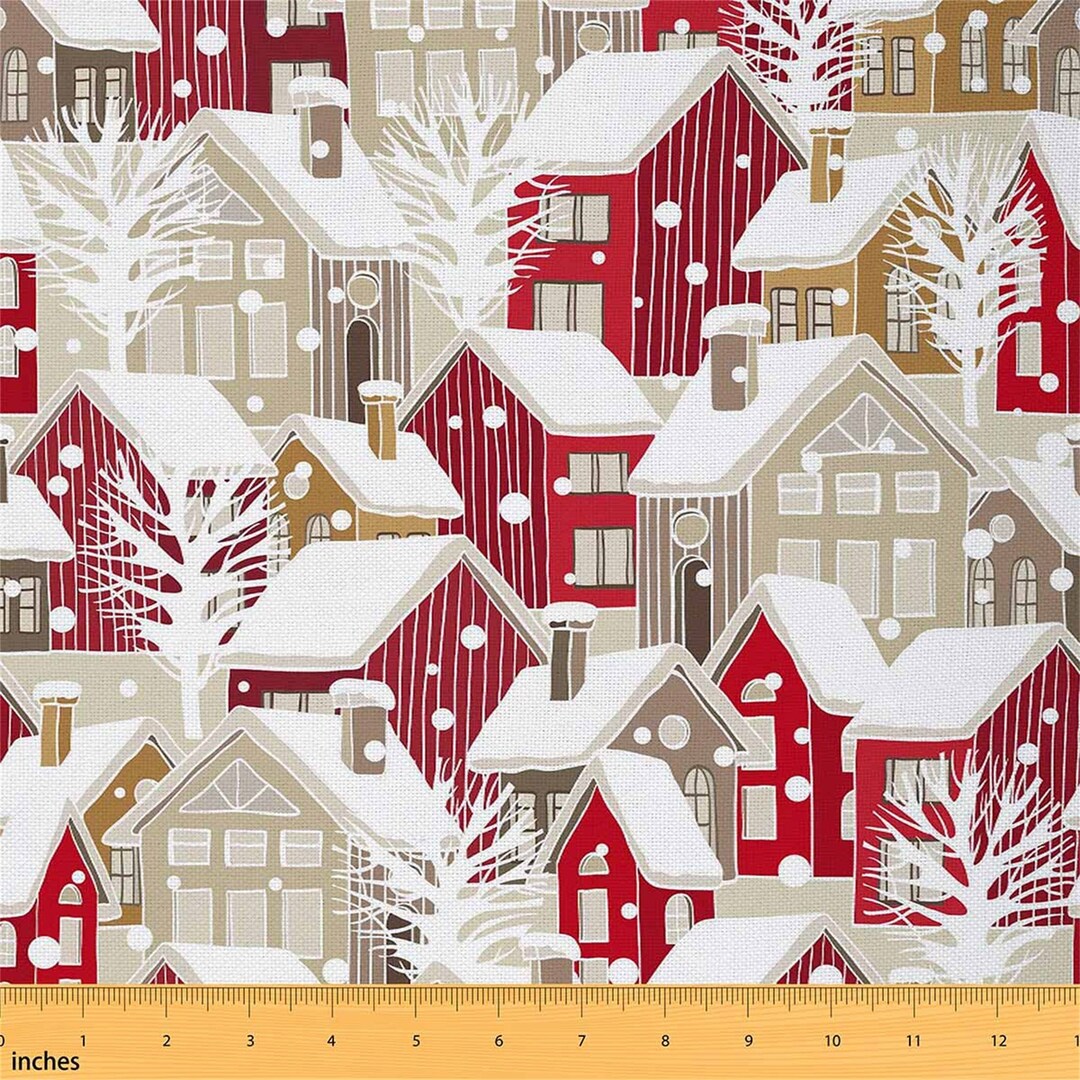 Snowy House Chimney Fabric by the Yard, Christmas Dreamy Snow Polyester ...