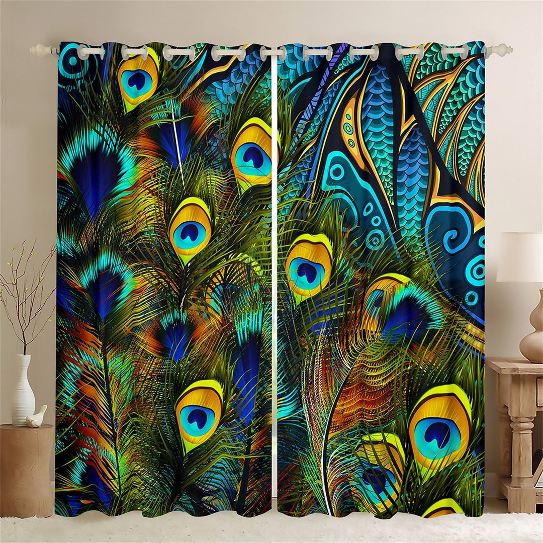 Peacock Feather Window Curtain Set, Blue Green Animal Feather Artistic ...