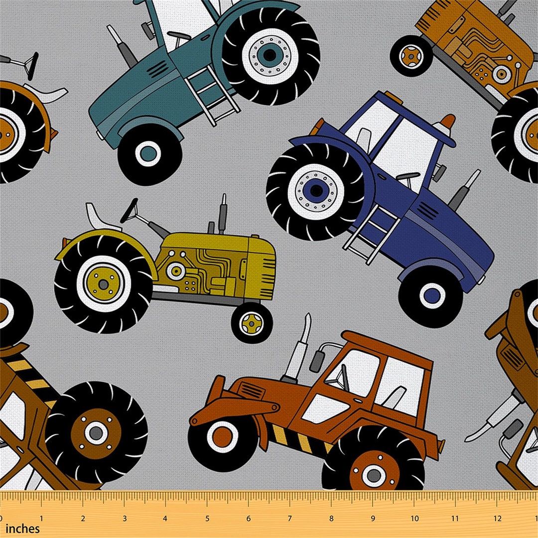 Colorful Tractor Fabric by the Yard, Watercolor Construction Vehicles ...