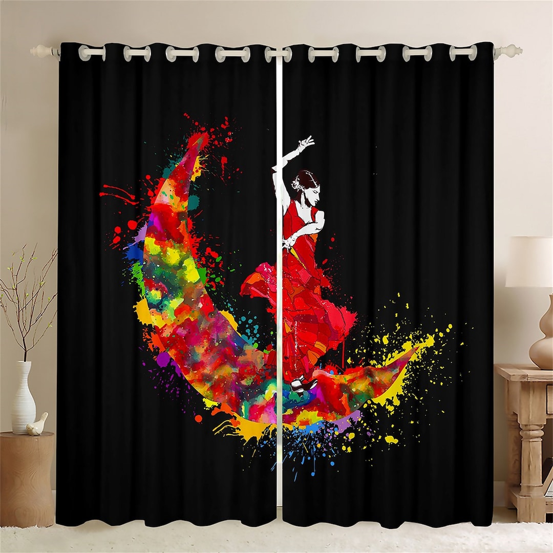 Red Dress Dancer Handmade Window Curtains, Dancing Theme Watercolor Tie ...