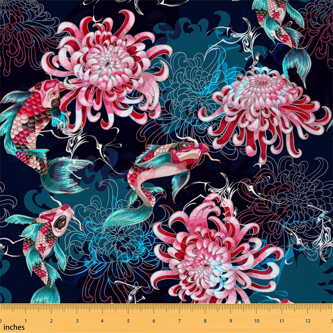 Handmade Koi Fish Fabric by the Yard, Japanese Style Ukiyoe Animal ...