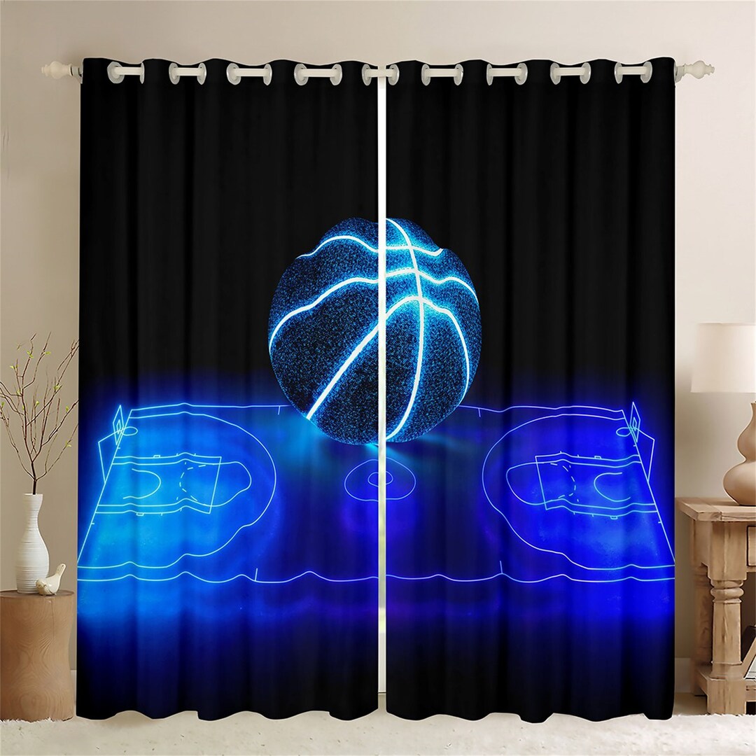 Neon Blue Basketball Window Curtains, Glowing Basketball Window Drapes ...