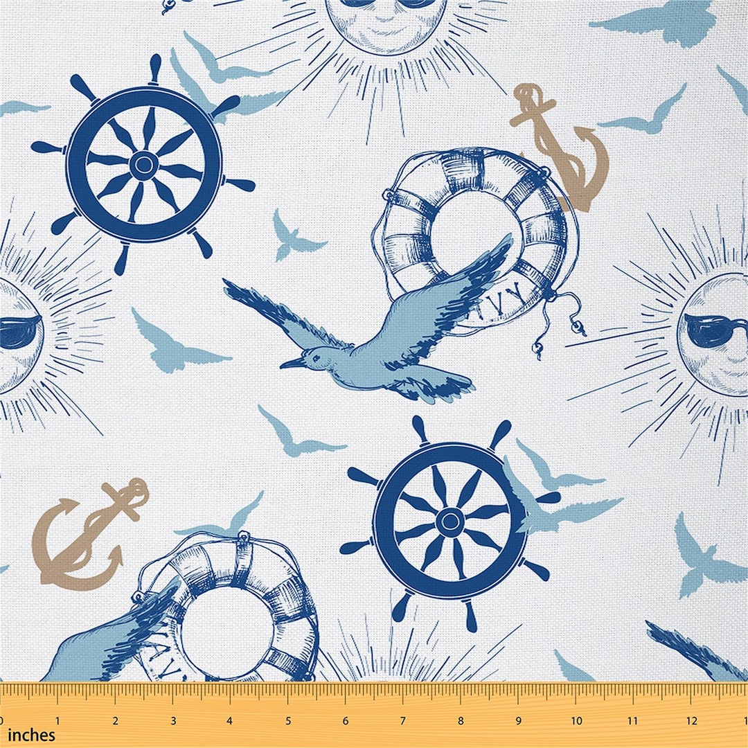 Nautical Anchor Polyester Fabric by the Yard, Ocean Navigation Blue ...