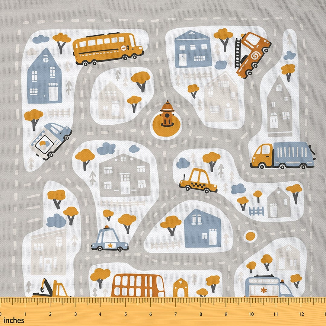 Cartoon Car Bus Fabric by the Yard, Gray City Roadway Fabric for ...