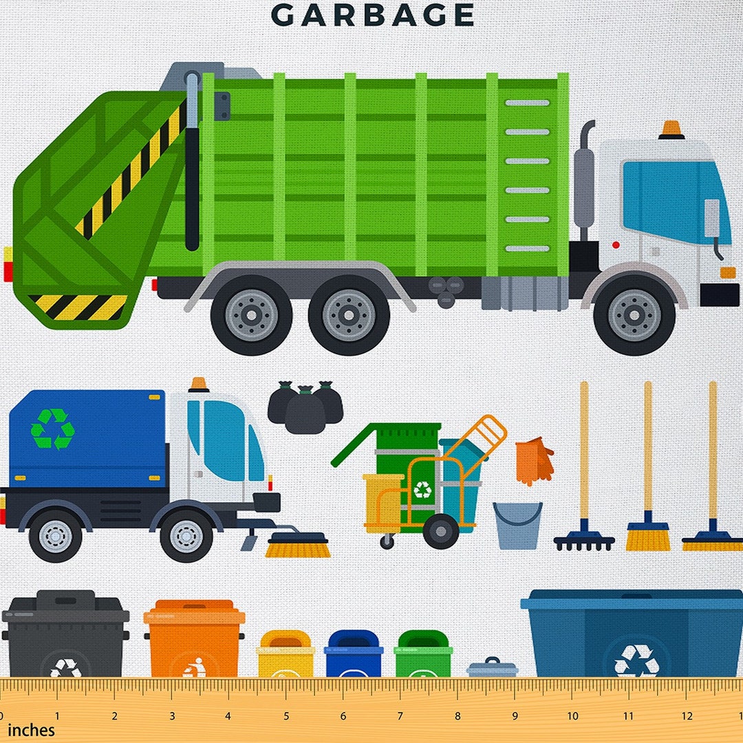 Garbage Truck Polyester Fabric by the Yard, Cartoon Cars Rubbish Bin ...