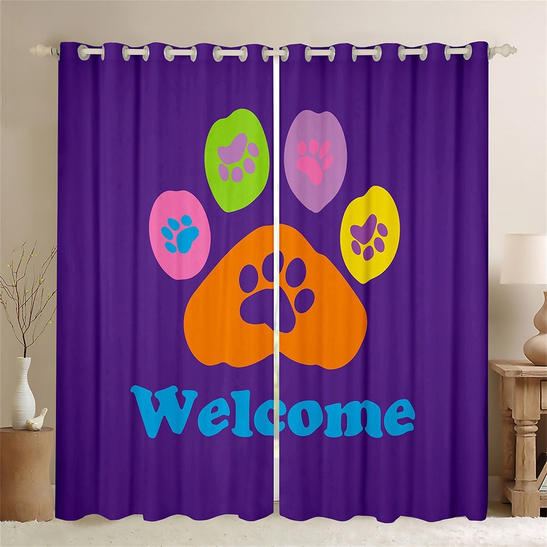 Colorful Dog Paw Print Window Curtains, Cartoon Cute Animal Footprint ...