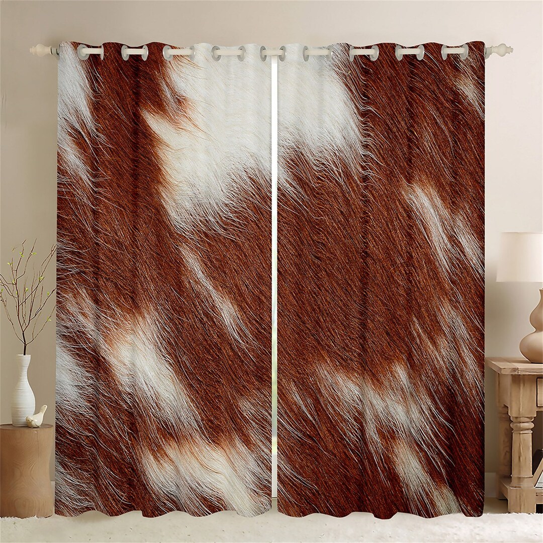 Brown Cowhide Print Window Curtains, Rustic Farmhouse Style Wild Animal ...