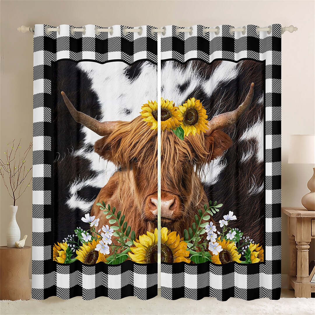 Floral Highland Cattle Window Curtain Set, Rustic Sunflower Cowhide ...