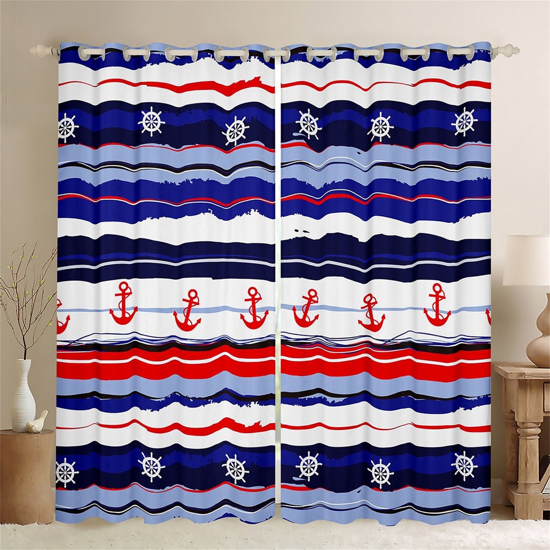 Nautical Anchor Rudder Window Curtain Set, Blue White Red Geometric ...