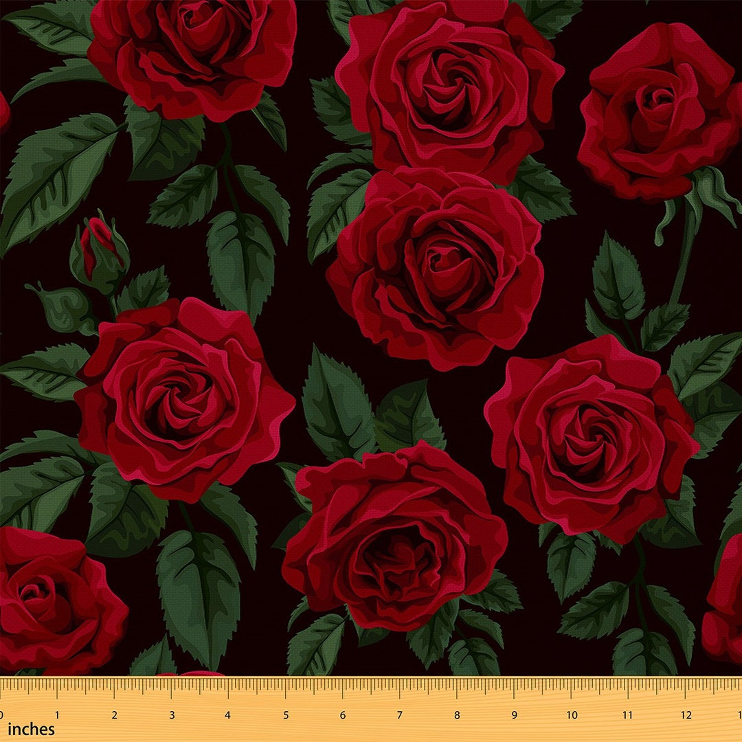 Red Roses Fabric by the Yard, Nature Botanical Plant Flower Sewing ...