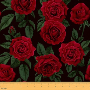 Red Roses Fabric by the Yard, Nature Botanical Plant Flower Sewing ...