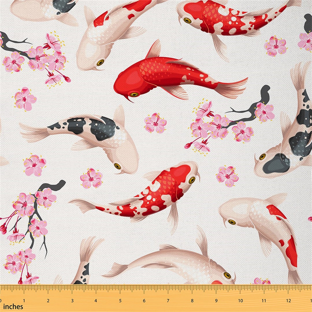 Watercolor Koi Fish Handmade Fabric by the Yard, Pink Cherry Blossom ...