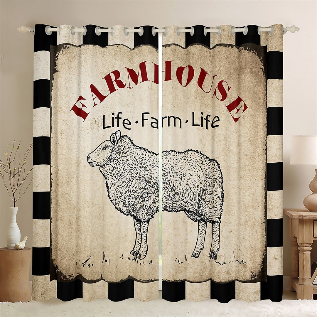 Rustic Farmhouse Style Window Curtain Set, Cute Sheep Farm Animal ...