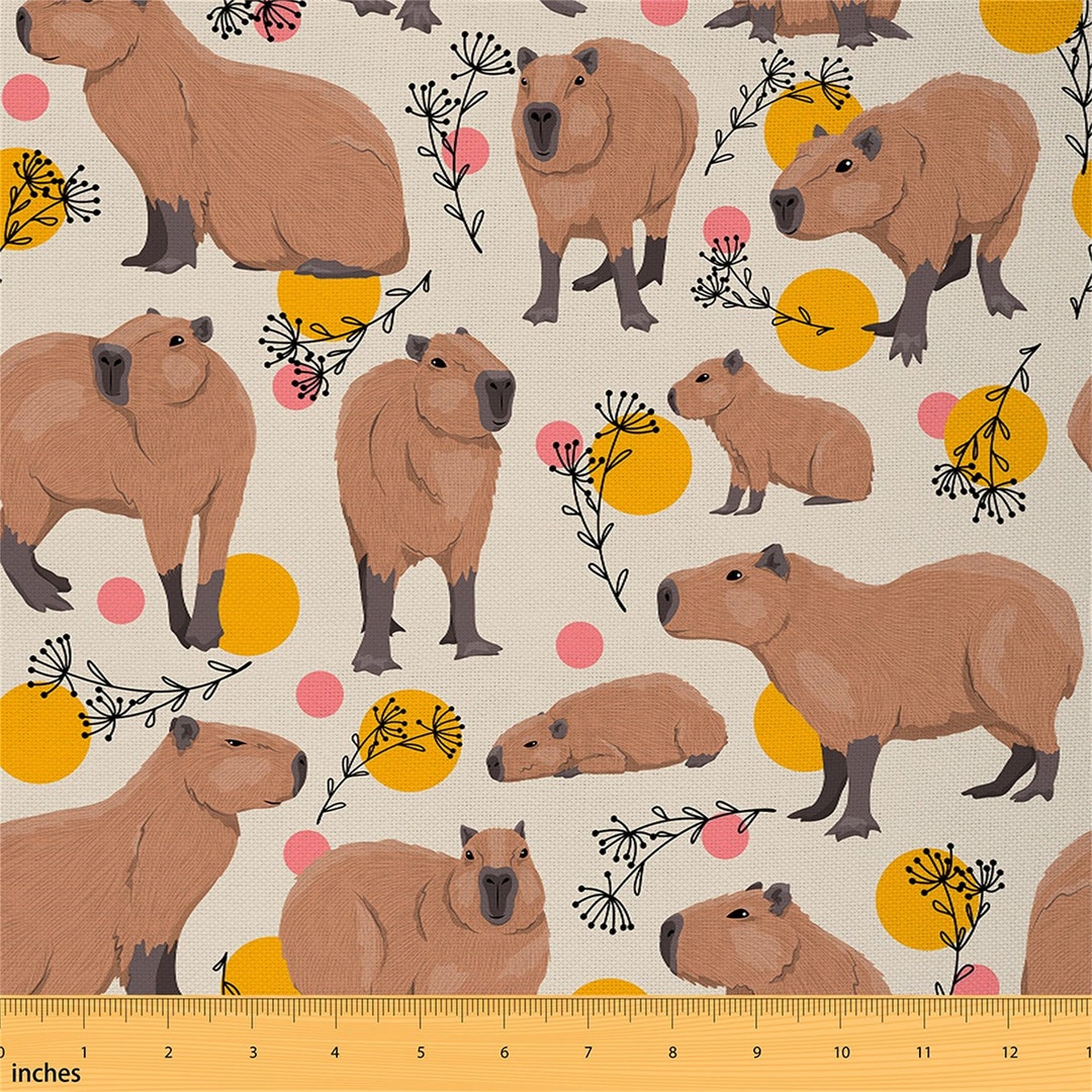 Capybara Handmade Fabric by the Yard, Cute Wild Animal Botanical Leaves ...