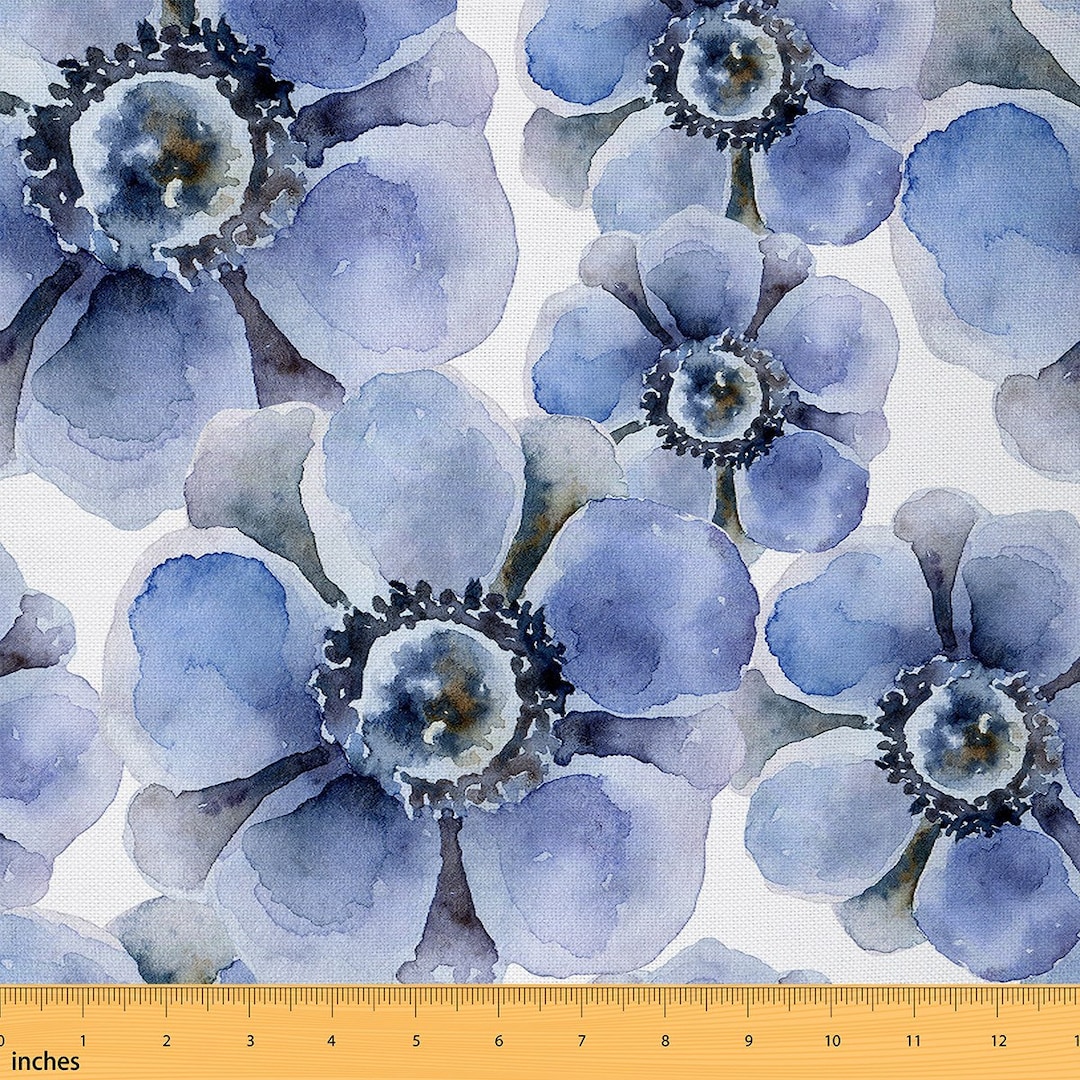 Blue Flower Fabric by the Yard, Garden Artistic Floral Polyester Fabric ...
