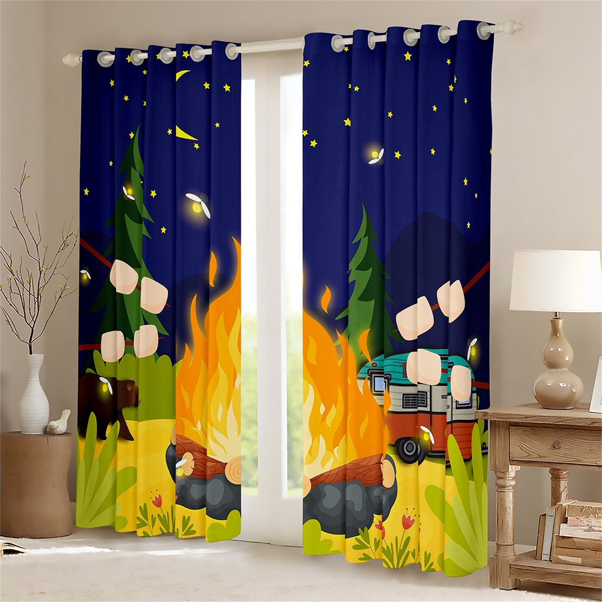 Campfire Window Curtain Set Starry Moon Night Sky Natural - Etsy