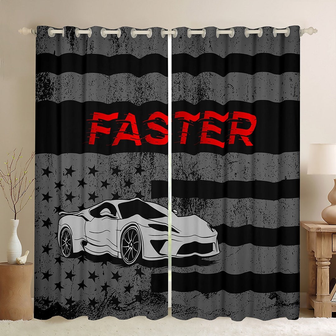 Racing Car Window Drapes, Extreme Sports Competition Faster Curtain Set ...