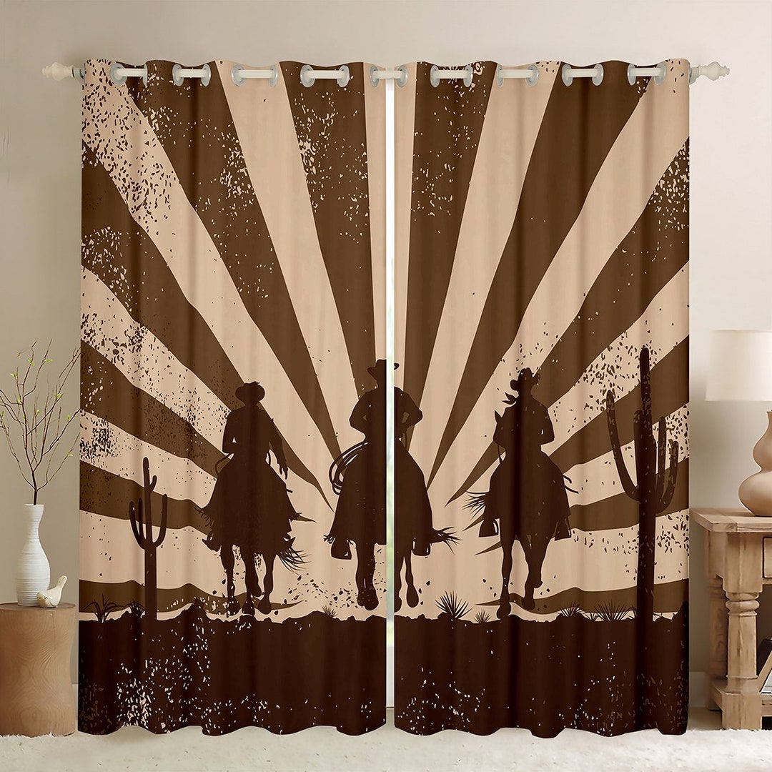 Western Cowboy Window Curtain Set, Retro Brown Stripes Ethnic Tribal ...