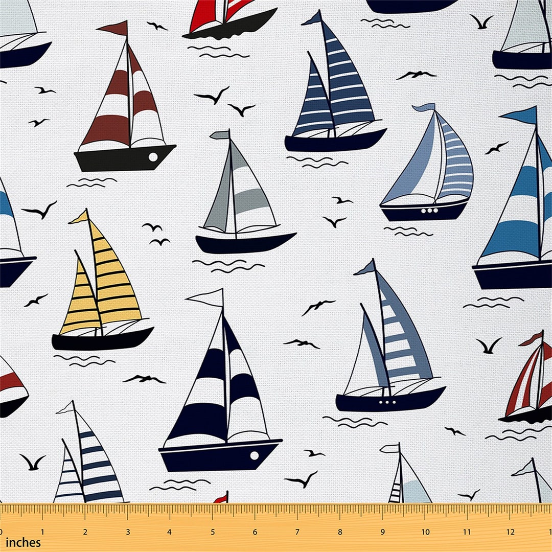 Cartoon Sailboat Polyester Fabric by the Yard, Ocean Navigation Fabric ...
