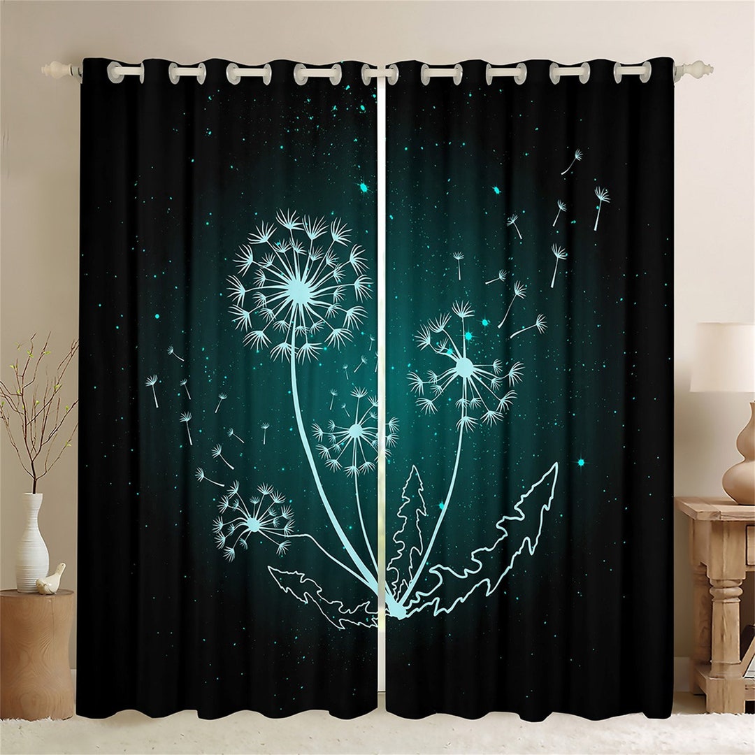 Dandelions Window Curtain Set, Rustic Botanical Plants Leaves Flowers ...