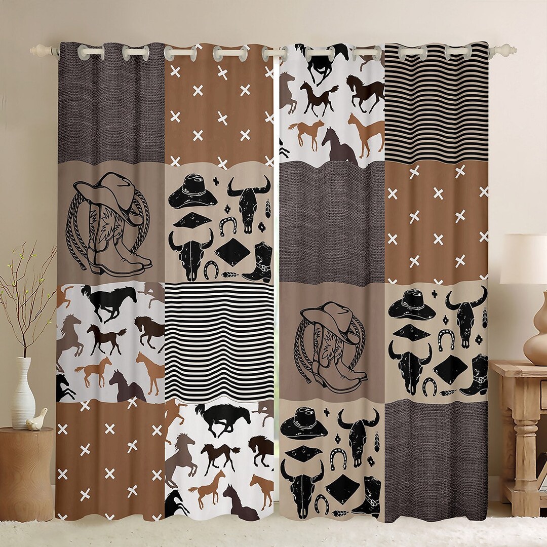 Retro Cowboy Window Curtain Set Western Tribal Boots Hats - Etsy
