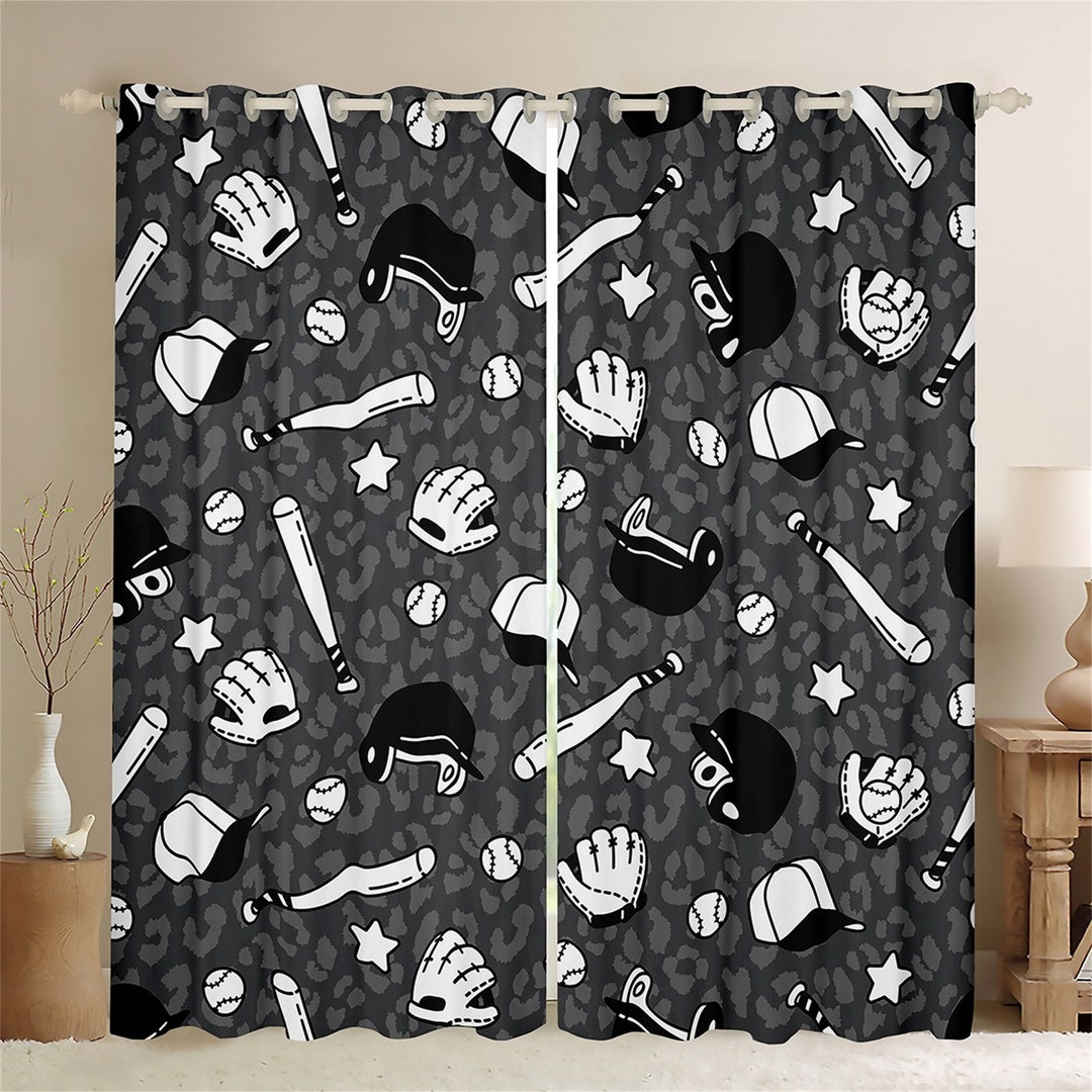 Baseball Window Curtain Set, Black Grey Leopard Print Curtains, Sports ...