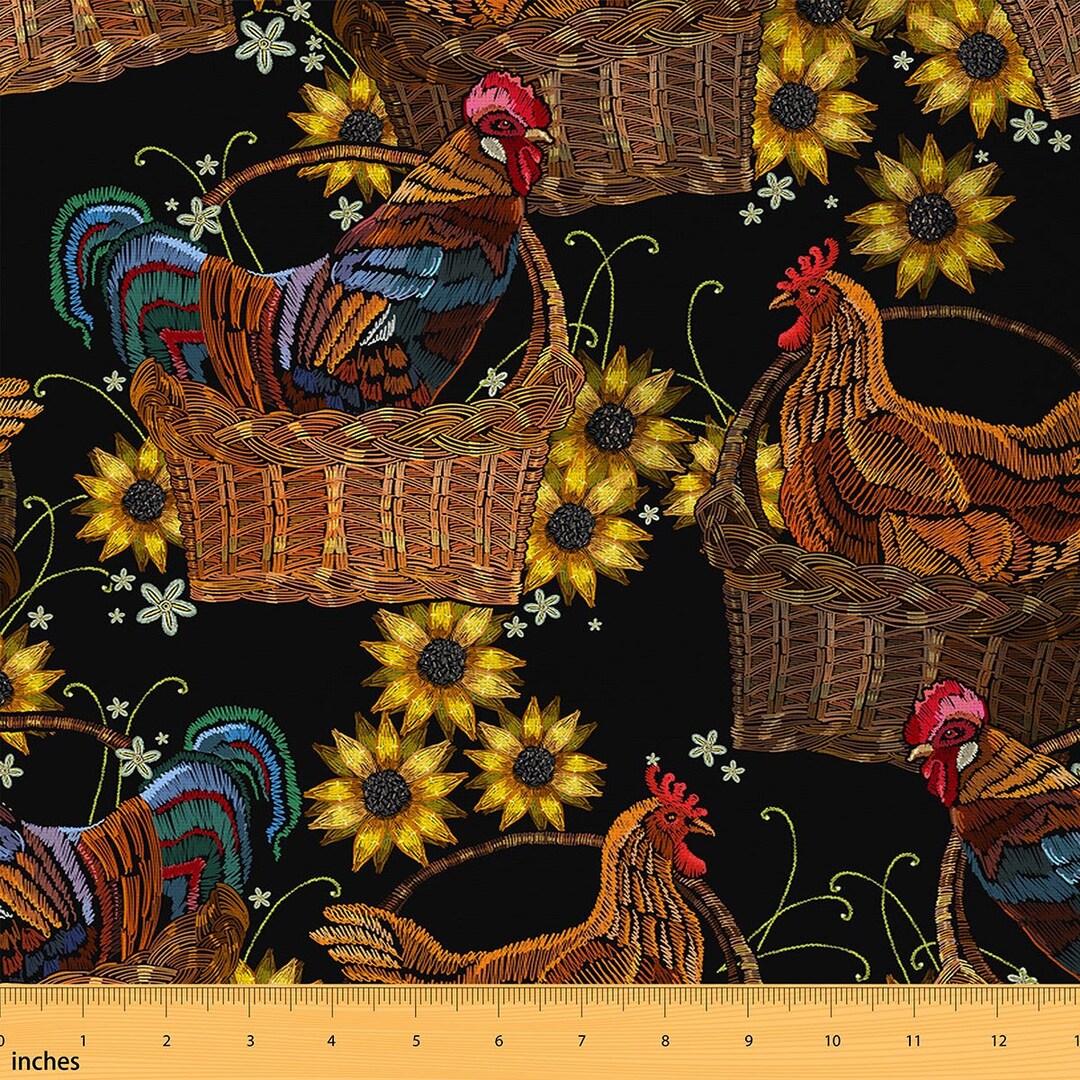 Rustic Chicken Fabric by the Yard, Farmhouse Animal Rooster Polyester ...