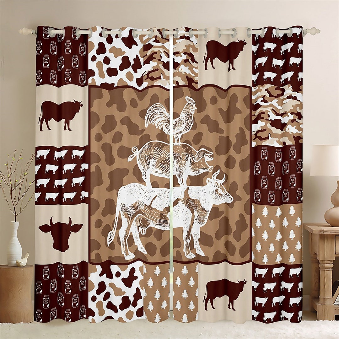 Rustic Farm Cow Cattle Window Curtains, Retro Brown Geometric Plaid ...