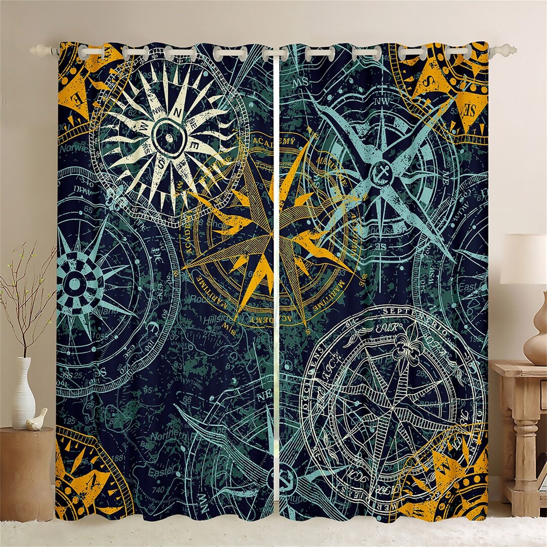 Retro Compass Window Curtain Set, Nautical Graffiti Teal Navy Blue ...