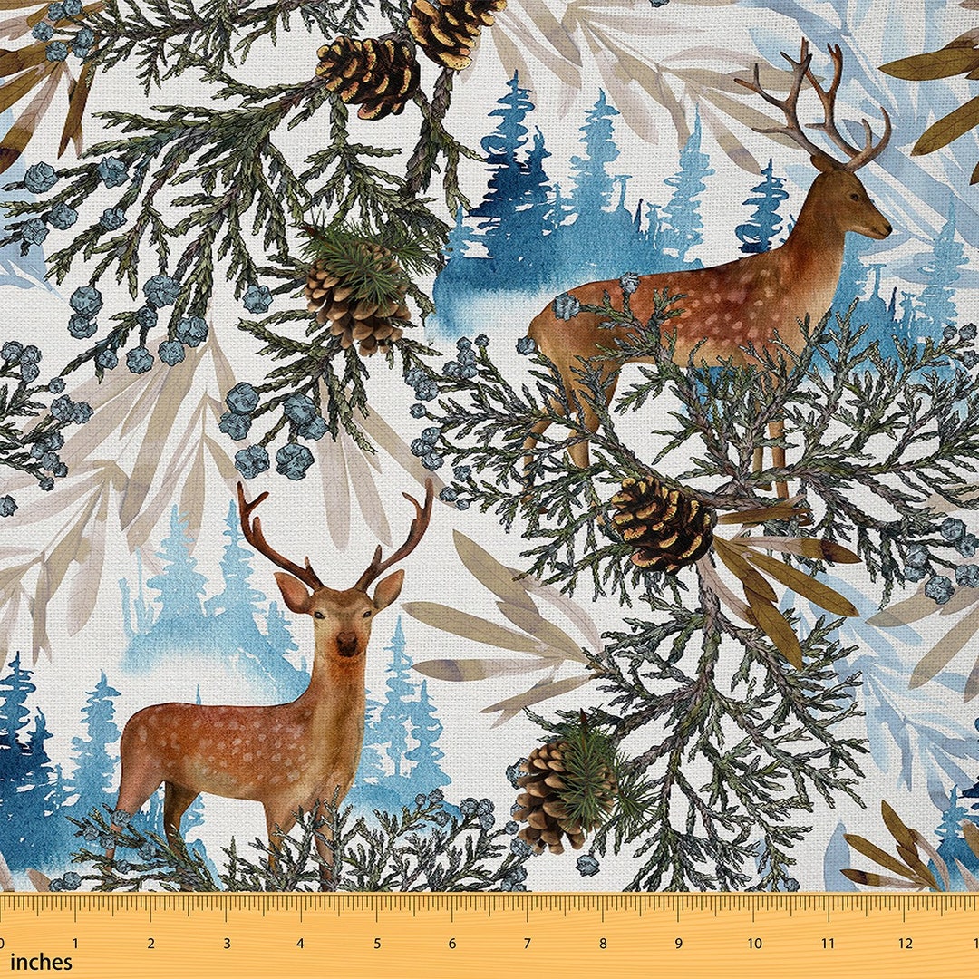 Wild Deer Elk Fabric by the Yard, Jungle Animal Botanical Pine Cones ...