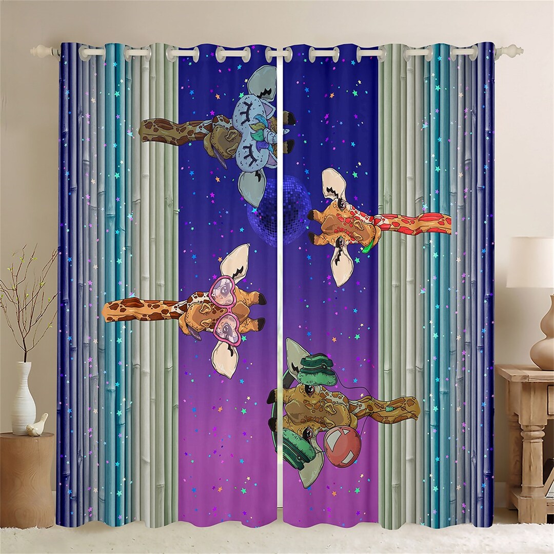 Cartoon Cute Giraffe Window Drapes, Watercolor Funny Wild Animal Window ...