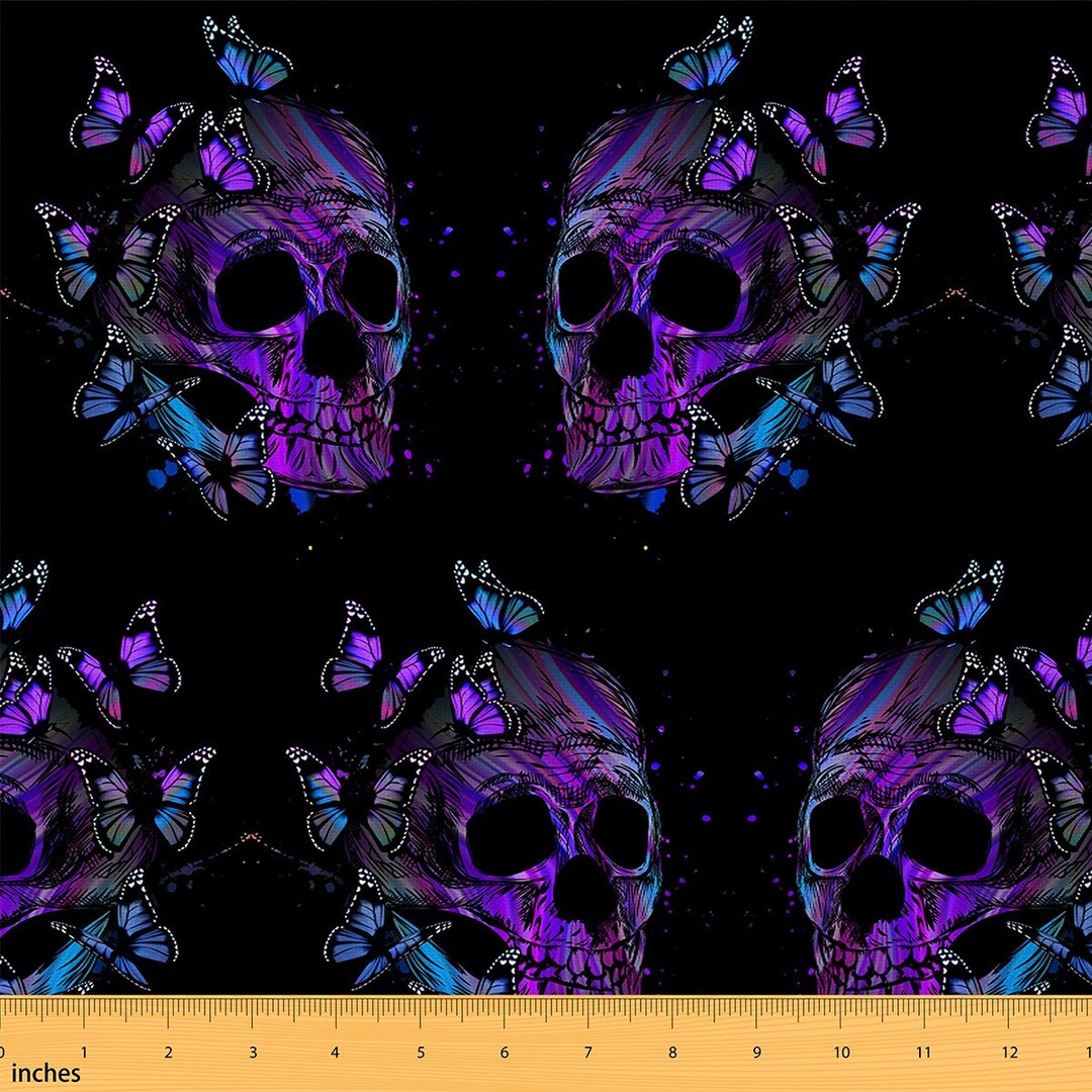 Gothic Skull Fabric by the Yard, Watercolor Neon Skeleton Polyester ...