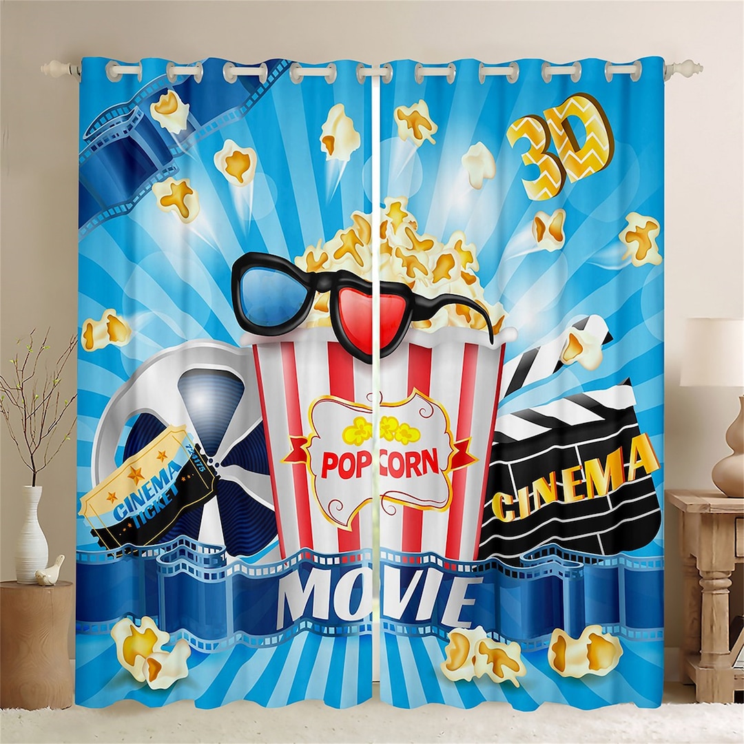 3D Popcorn Print Window Curtain Set, Movie Theater Filmstrip Film Time ...