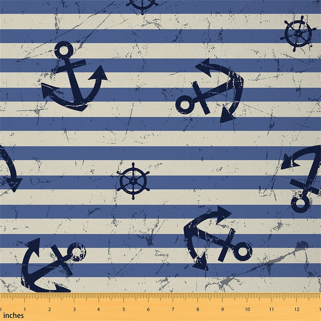 Nautical Ocean Theme Fabric by the Yard, Retro Anchor Rudder Polyester ...