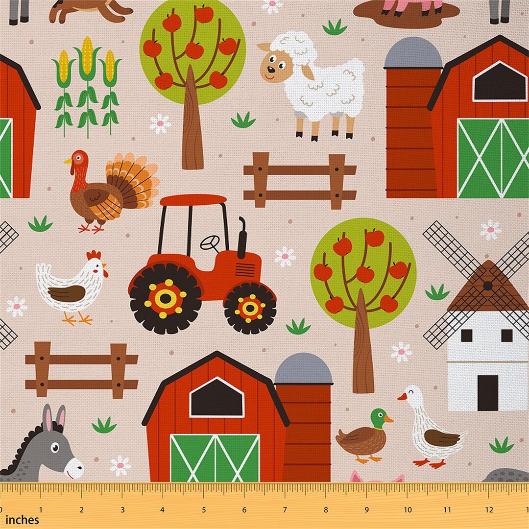 Cartoon Farm Fabric by the Yard, Rustic Farmhouse Excavator Graffiti ...