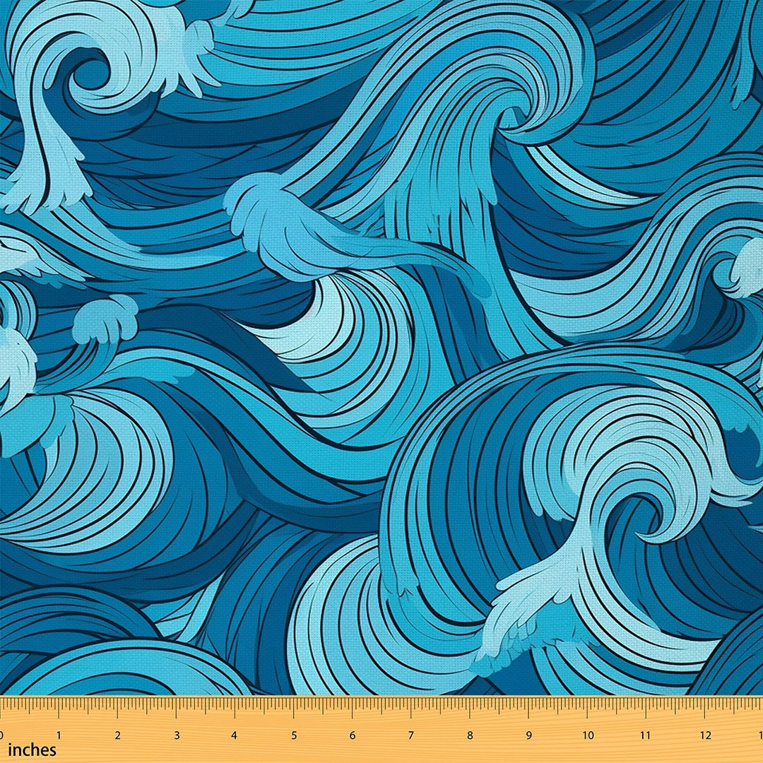 Ocean Waves Polyester Fabric by the Yard, Artistic Gradient Blue Sea ...