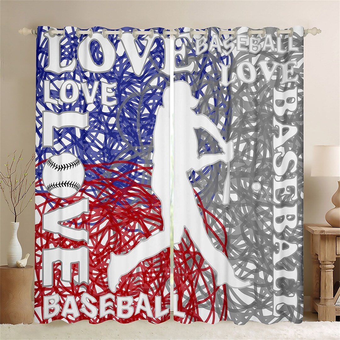 Baseball Athlete Silhouette Window Curtains, Blue Red Gray Abstract ...
