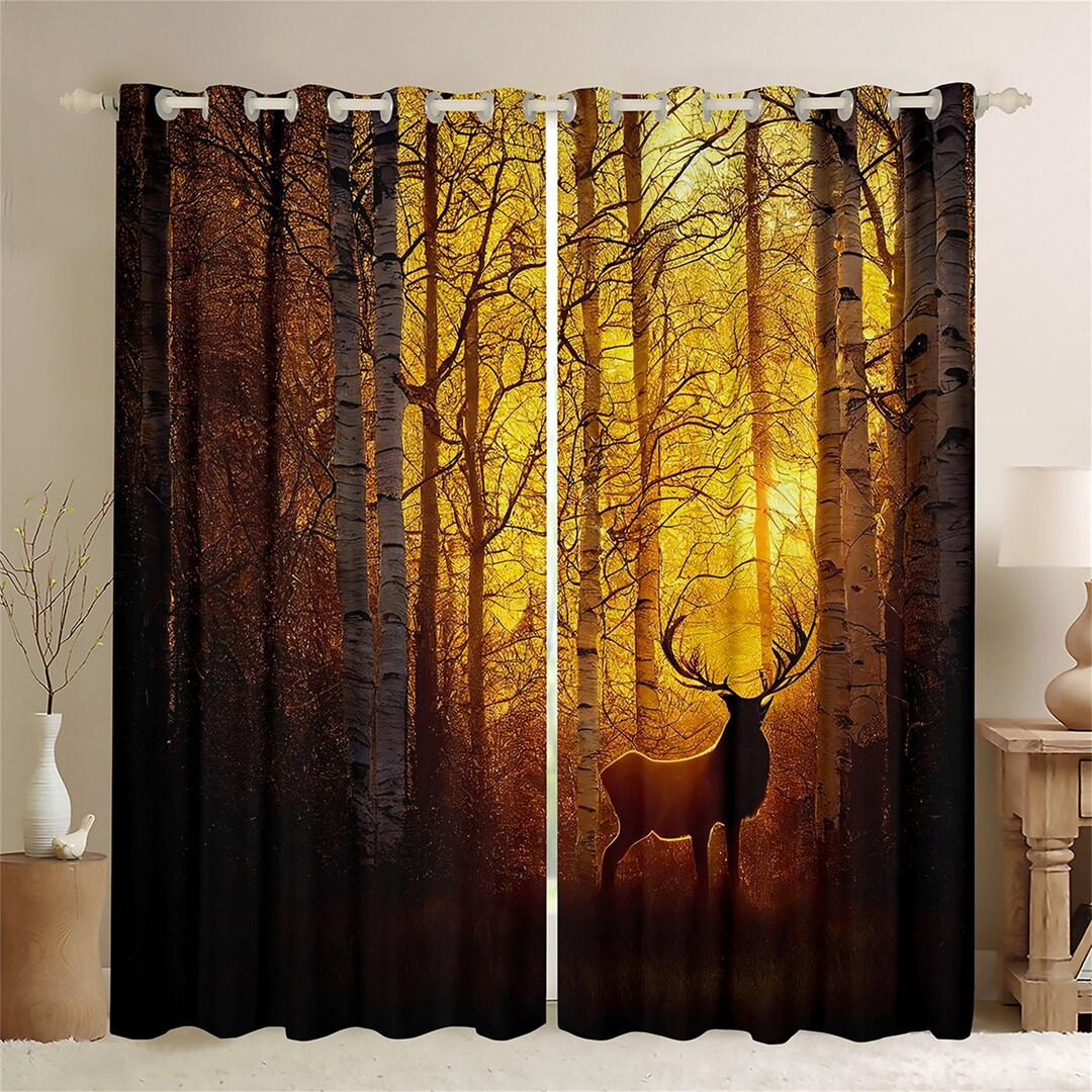 Handmade Elk Deer Window Curtains, Jungle Trees Sunshine Print Curtain ...