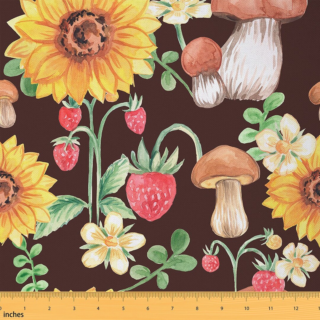 Jungle Botanical Fabric by the Yard, Rustic Sunflower Mushroom Floral ...