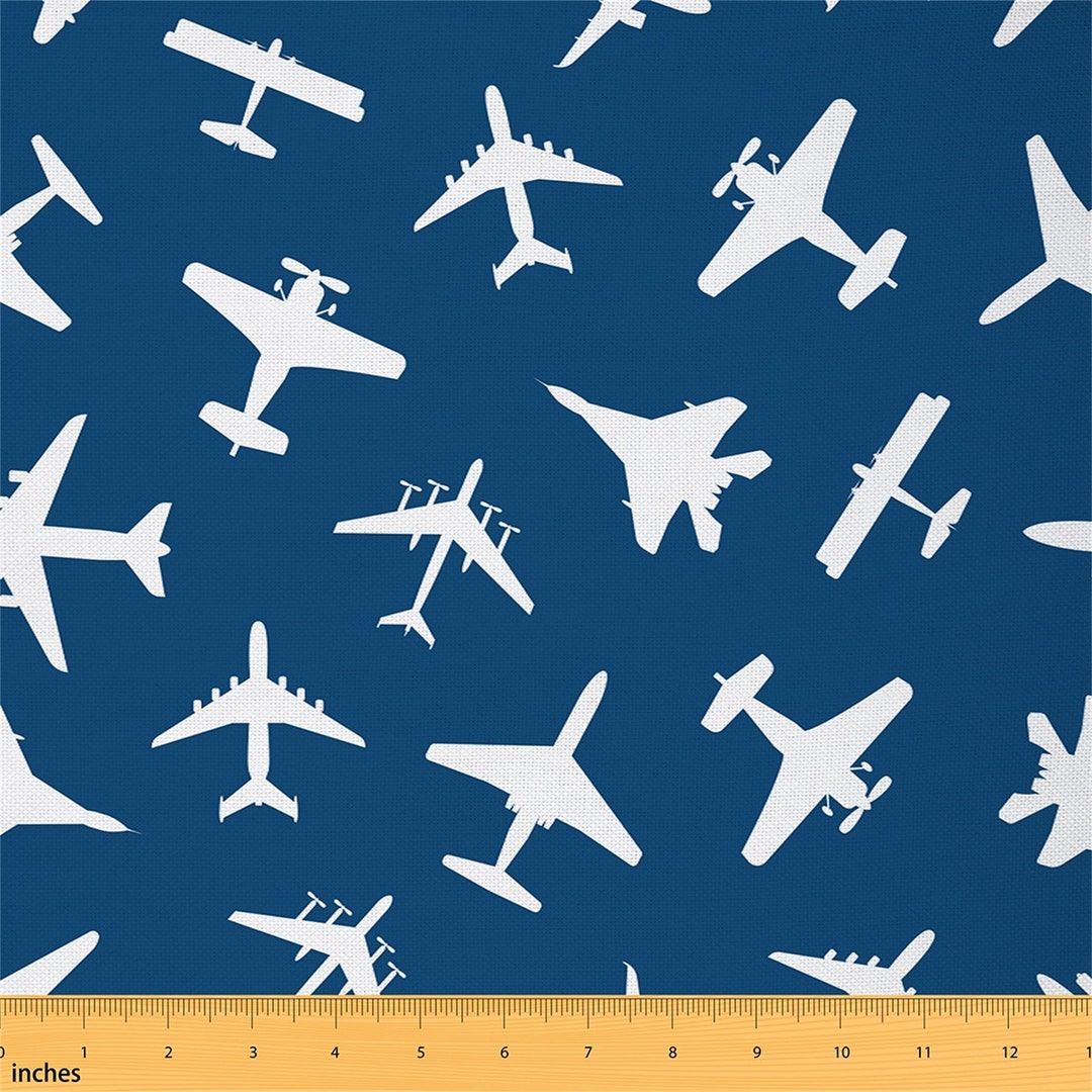 Airplane Polyester Fabric by the Yard, White Plane Aircraft Silhouette ...