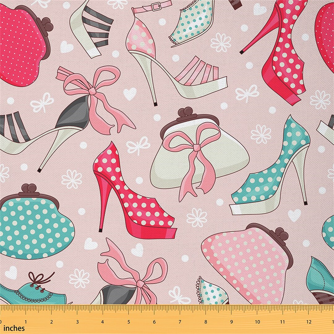 Pink Bow Bag High Heel Fabric by the Yard, Watercolor Polka Dots ...