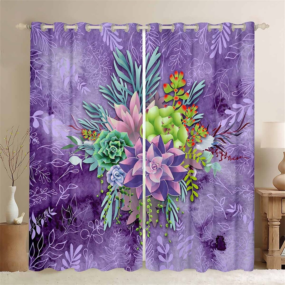 Succulent Window Curtains, Colorful Flower Botanical Plants Printing ...