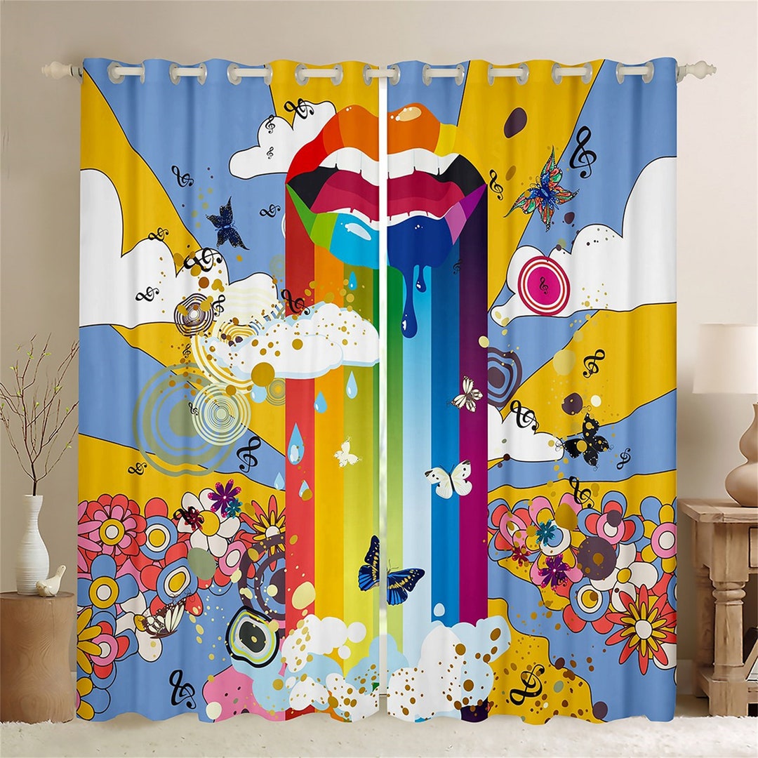 Rainbow Hippie Graffiti Window Curtain Set, Retro Groovy Flower ...